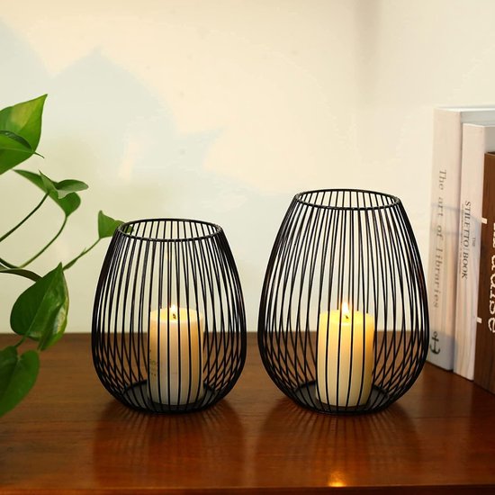 Kandelaar, zwart-mat, metaal, 2-delige kandelaar, windlicht en ...