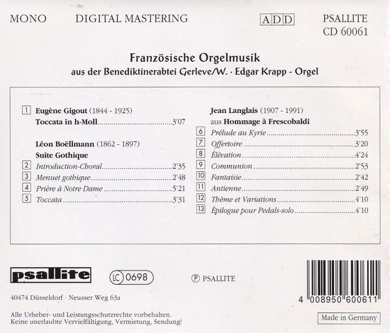 Franzosische Orgelmusik aus der Benediktineabtei Gerleve/W. - Edgar ...