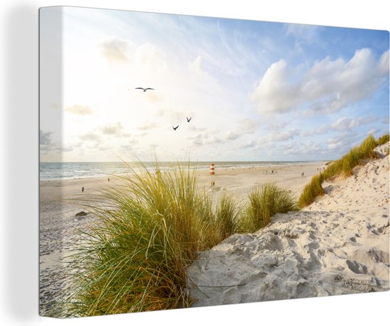 Canvas schilderij - Duin - Zon - Vogel - Strand - Zand - 150x100 cm - Schilderijen op... | bol