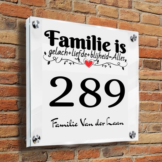 Naambordje plexiglas 20x20x0,5cm Huisnummer model familie1000- met naam ...