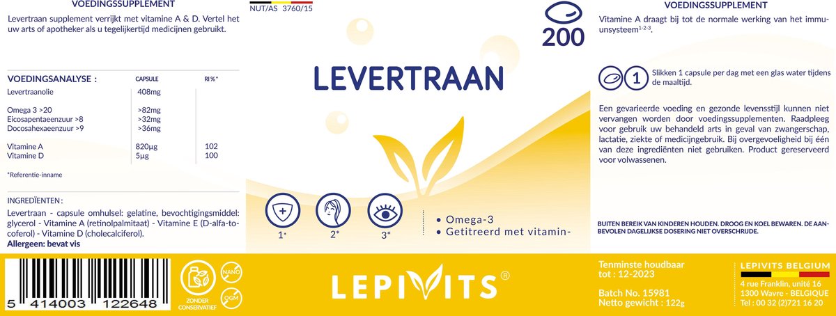 Levertraan 400mg | 90 Capsules | Groei & Immuniteit | Omega 3 ...
