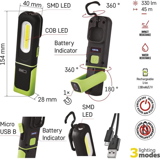 Emos P4537 oplaadbaar Looplamp / werklamp / zaklamp COB LED Met Magneet ...