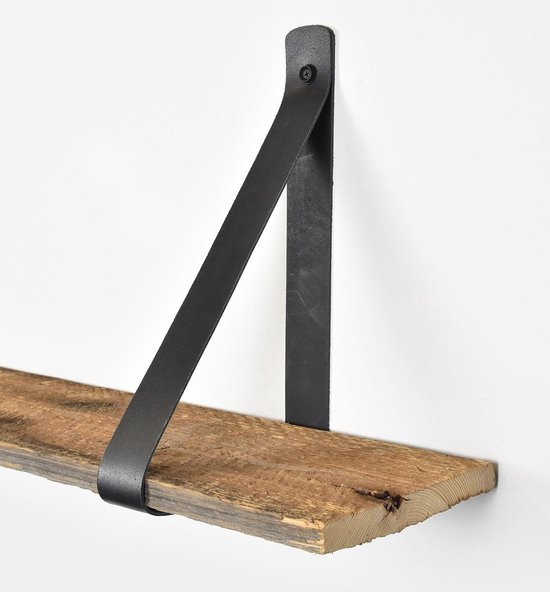 Barnwoodweb Wandplank Barnwood met Lederen Zwarte Plankdragers - 150 cm ...