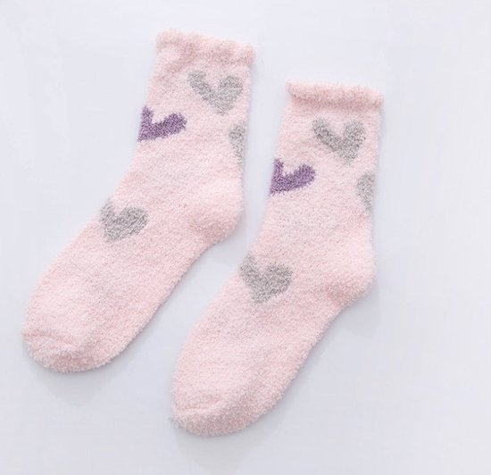 Fluffy Sokken Dames - huissokken - roze - print hart - 35-40 - dikke ...