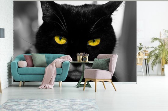 Behang - Fotobehang Zwart-wit foto van de kop van een zwarte kat met ...