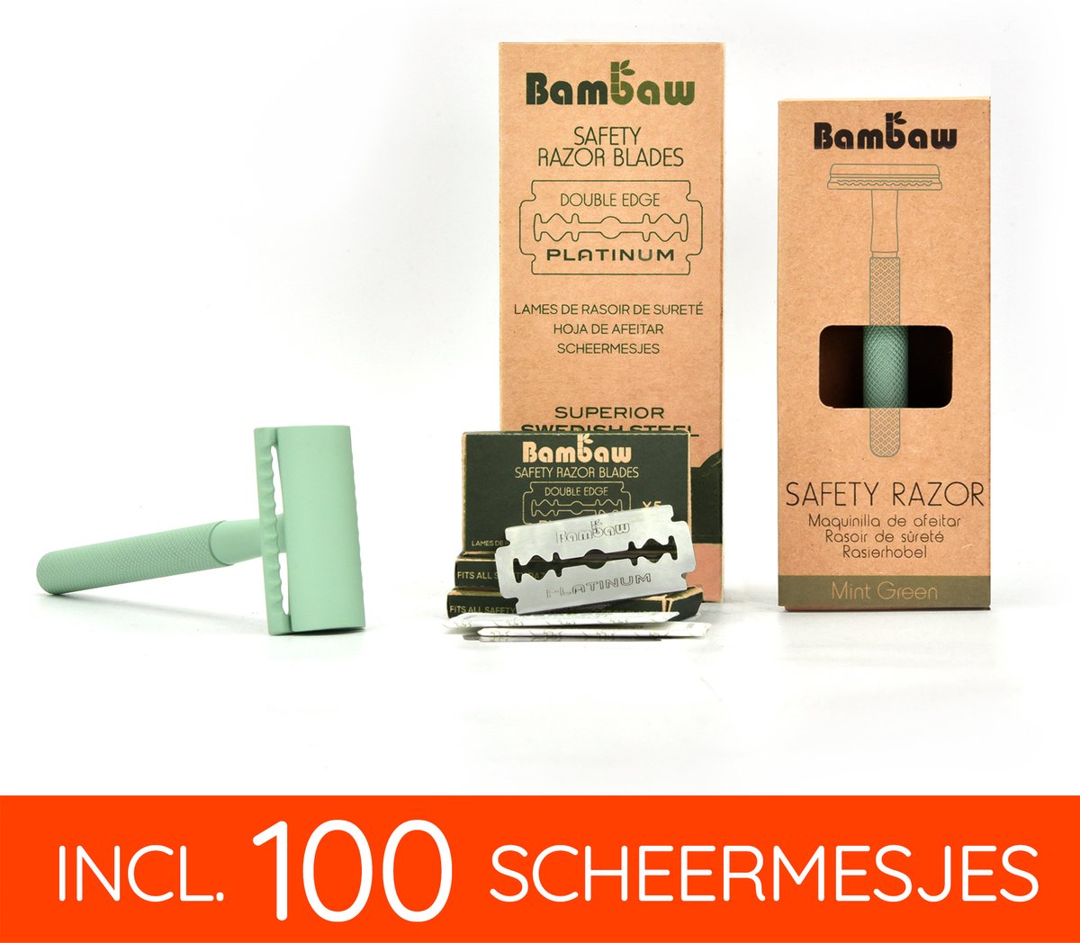 Pack Safety Razor met 100 Scheermesjes Bambaw | Mintgroen | Metalen ...