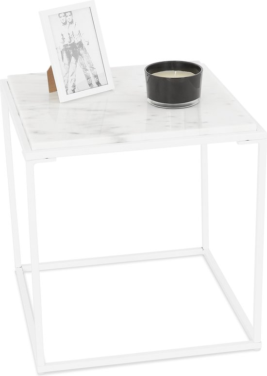Alterego Witte bijzettafel 'SPIN MINI' van gemarmerde steen | bol.com