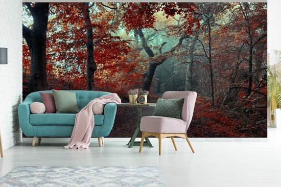 Behang - Fotobehang Bospad - Bomen - Pad door Bos - Herfst - Breedte ...