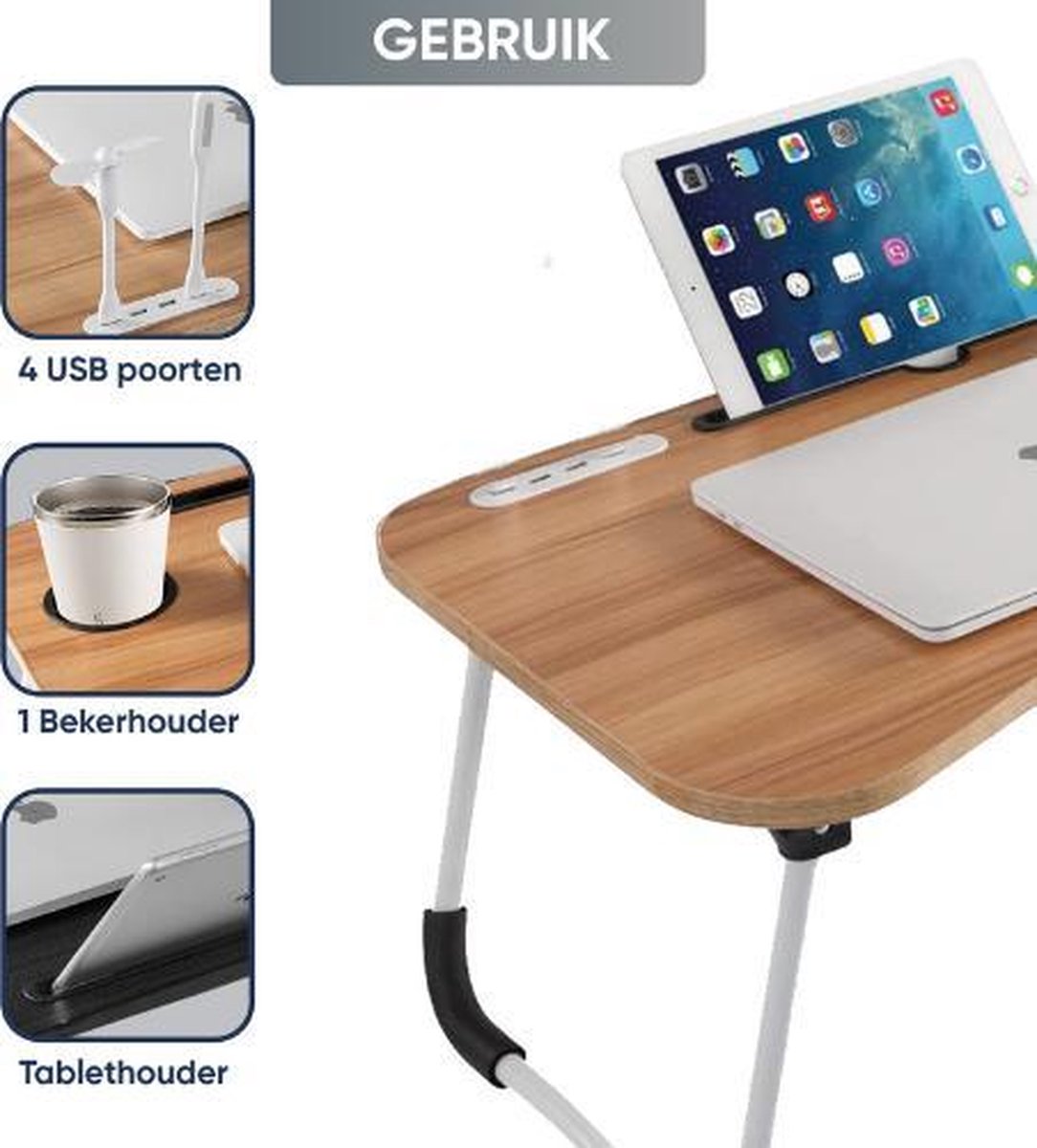 Compacte Laptoptafel - Bedtafel met 4 USB poorten - Laptopstandaard ...