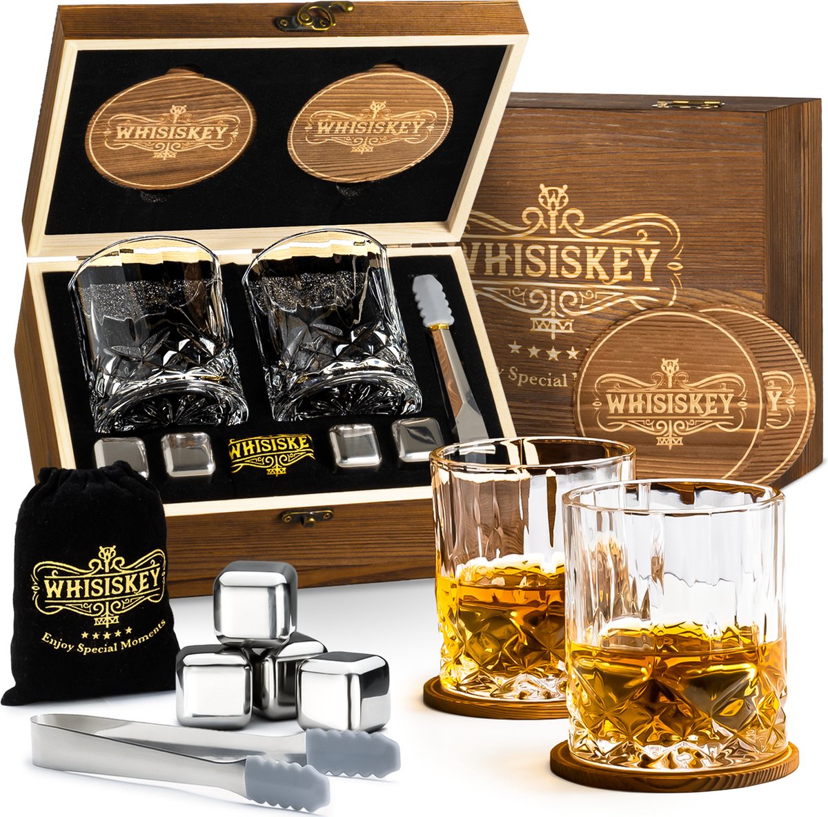 Whisiskey Luxe Whiskey Set - Incl. 2 Whiskey Glazen, 4 RVS Whiskey ...