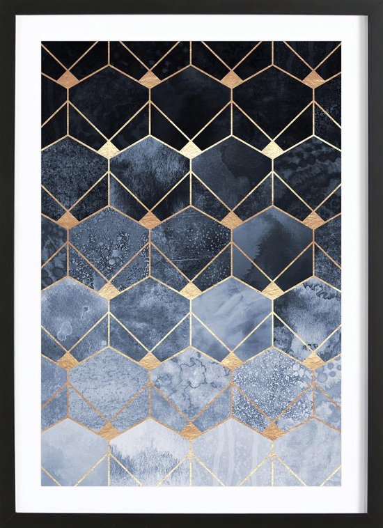 JUNIQE - Poster in premium houten lijst Blue Hexagons and Diamonds | bol