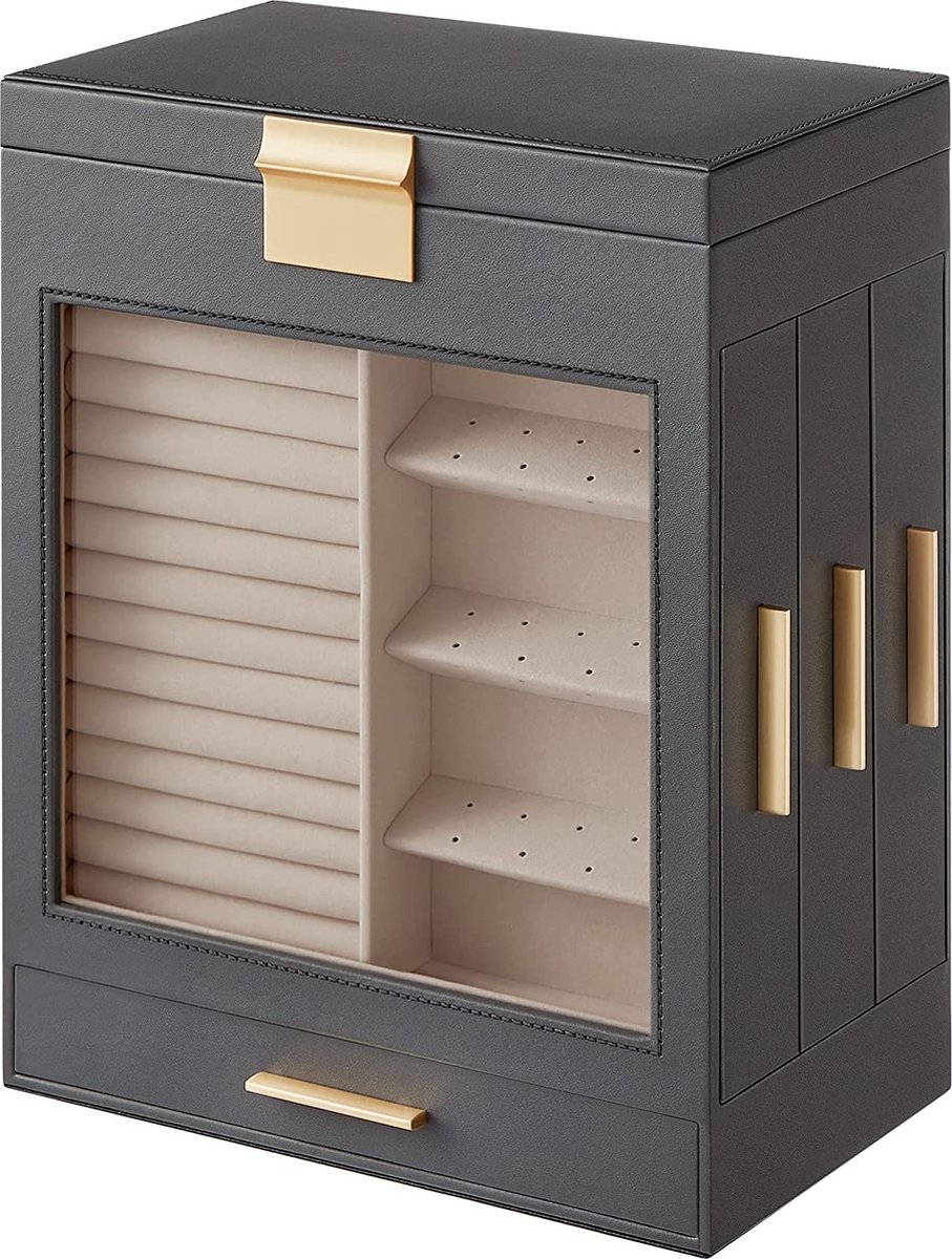 sieradendoos 5 levels, sieradendoos met glazen ramen, zijladen ...