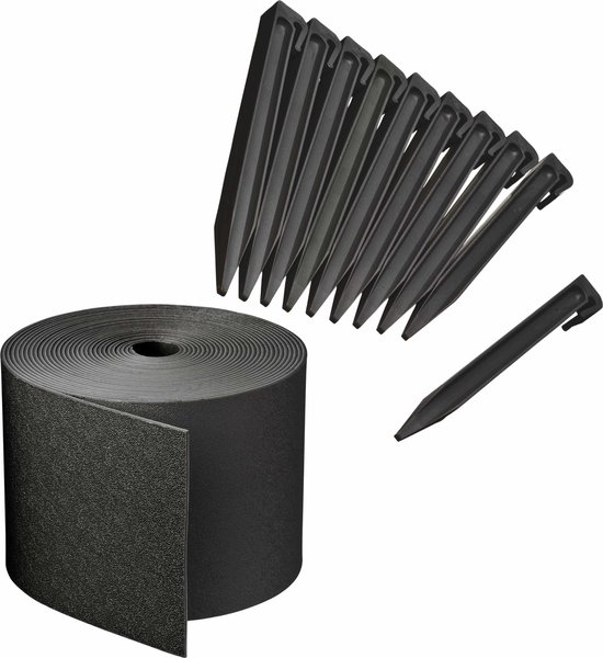 Kunststof grasrand / borderrand zwart inclusief 10x grondpennen 10 m x 15 cm | bol