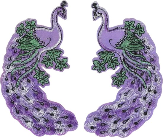 Patch - Strijkembleem - Pauwen - links en rechts - 15 x 8 cm - Paars | bol