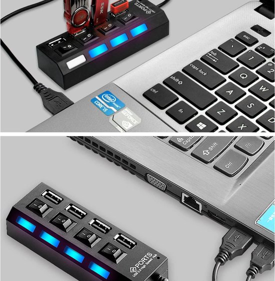 7 Ports /LED USB 2.0 Adapter Hub Power On / Off Switch For PC Laptop ...