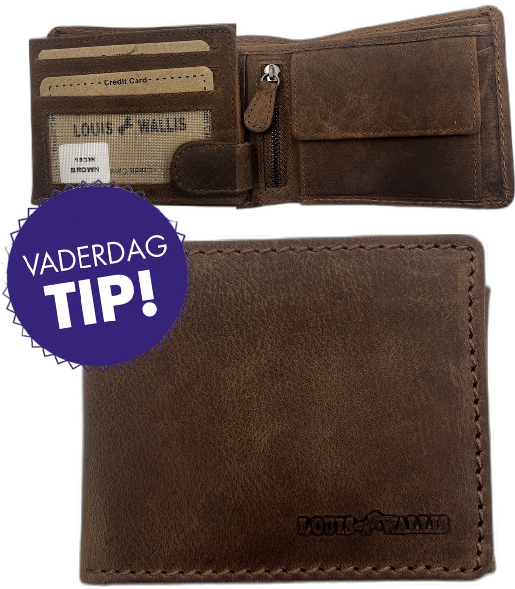 Louis Wallis Heren Portemonnee Leer, Luxe Kwaliteit Buffelleer, Bruin ...