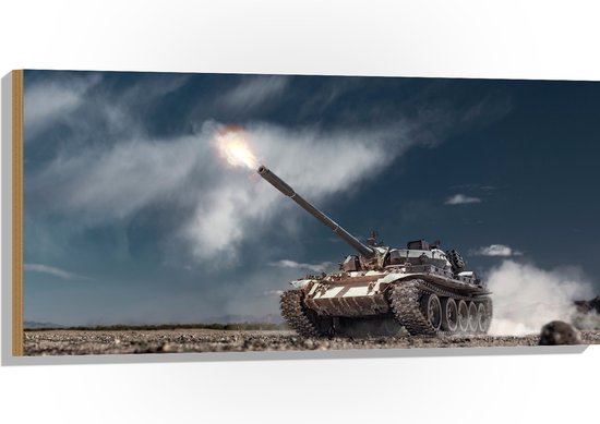 Hout - Tank in Actie onder de Wolken - 100x50 cm - 9 mm dik - Foto op ...