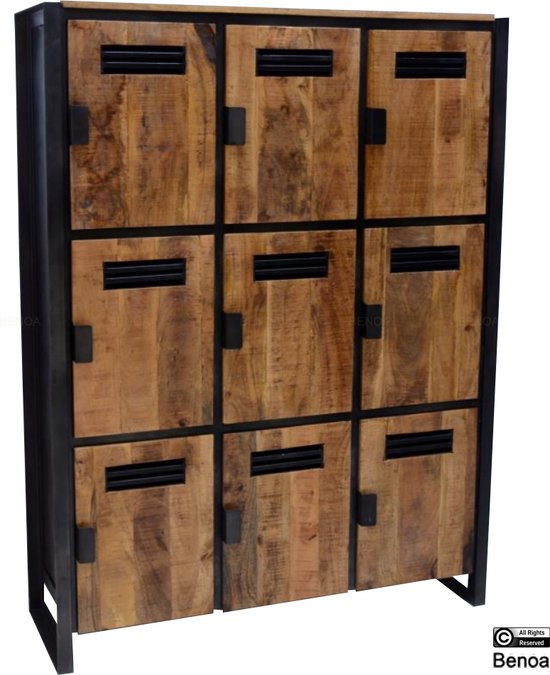 Industrieel Vakkenkast Luna - Mango houten Lockerkast - Kast met 9 ...