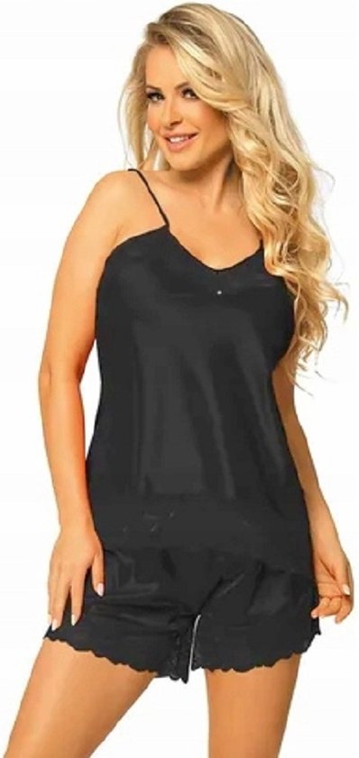 Sexy satijnen shortama | Brenda | zwart met kant | maten: S-2XL ...