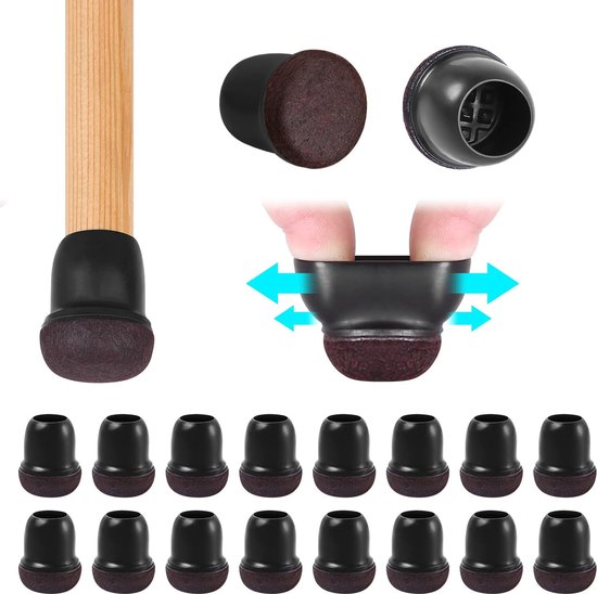 16 zwarte ronde stoelpootdoppen met vilt voor harde vloeren (diameter ...