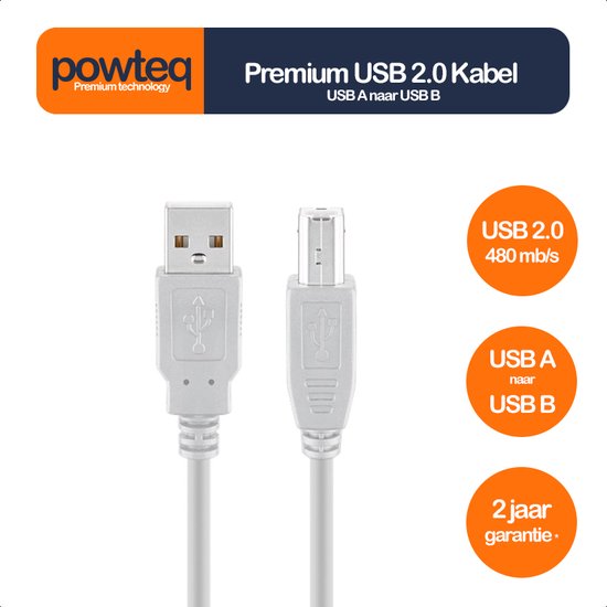 Powteq - 5 meter premium USB 2.0 kabel - USB A naar USB B - Grijs - Printerkabel | bol