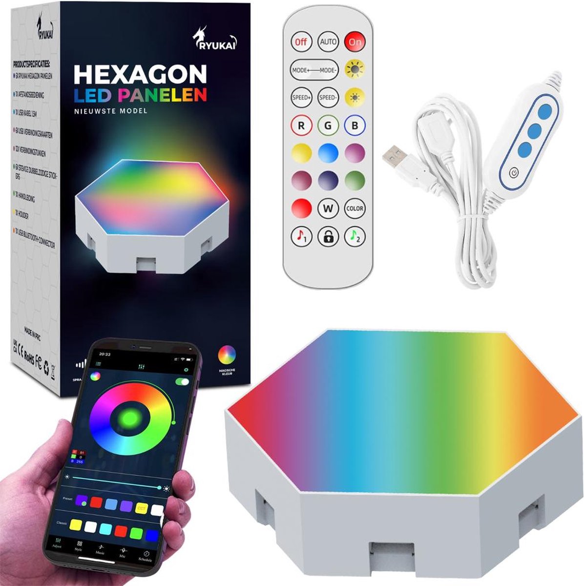 RYUKAI Hexagon LED - Hexagon LED Panelen App en Afstandbediening - RGB ...