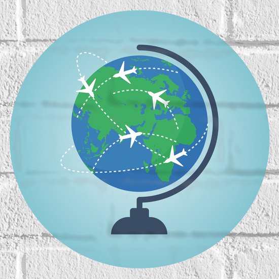 Muursticker Cirkel - Getekende Wereldbol met Vliegroutes - 30x30 cm ...