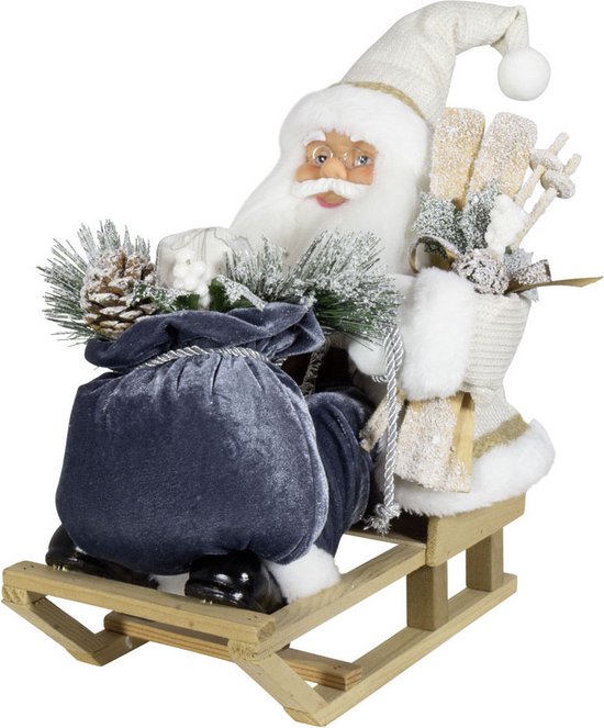 Kerstman decoratie pop Frank - 45 cm - wit - zittend op slee - kerst ...