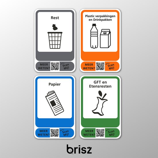 Brisz 4 afvalstickers A4 formaat met afbeelding - Scan de QR code, leer ...