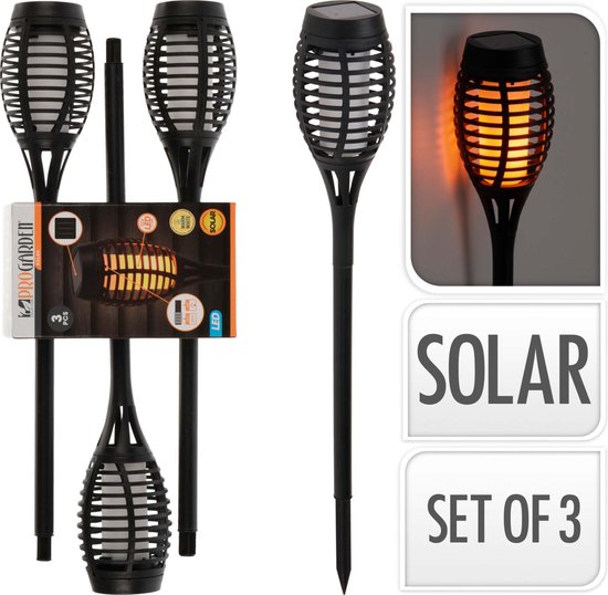 Solar fakkel - tuinlamp - zwart - flame led - set van 3 | bol