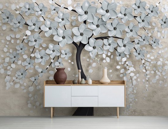 Fotobehang - Vlies Behang - Boom vol grijze bloemen - 460 x 300 cm | bol