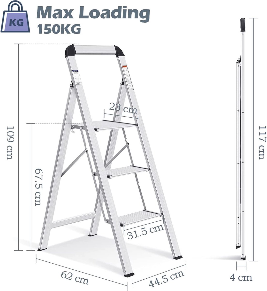 Trapladder, 3 treden, inklapbare trapladder met leuning, antislip ...