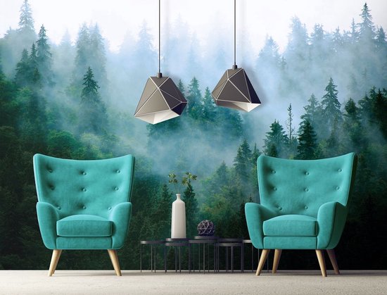 Fotobehang - Vlies Behang - Dennenbos in de Mist - Mistig Bos - 254 x ...