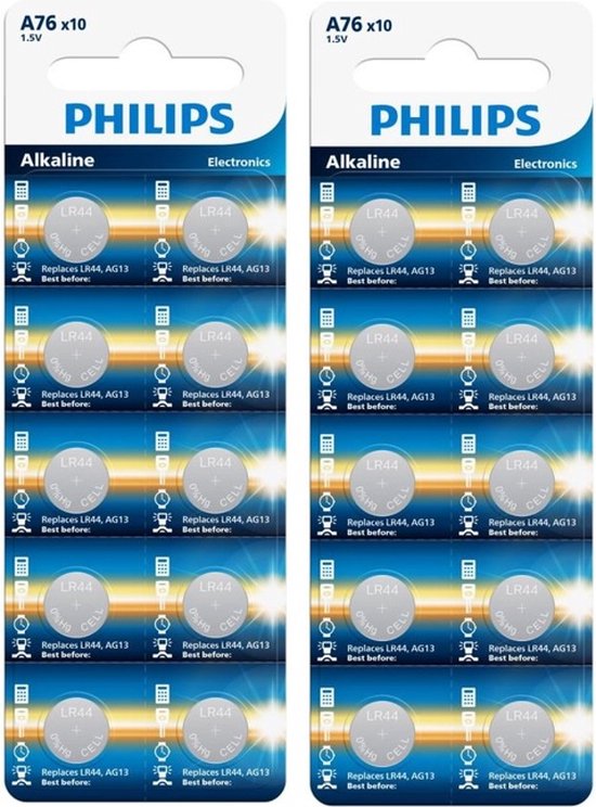 Philips Alkaline LR44 batterij | AG13 | A76 knoopcel Batterijen 1.5V V13GA - 20 stuks | bol.com