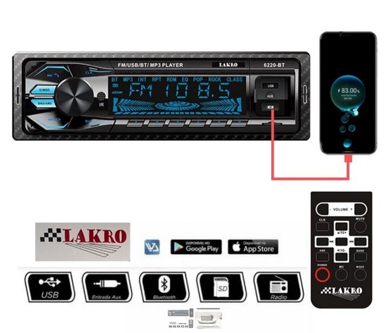 LAKRO Autoradio 6220-BT Usb/sd/fm/aux Bluetooth 4 x 75 Watt / sub ...