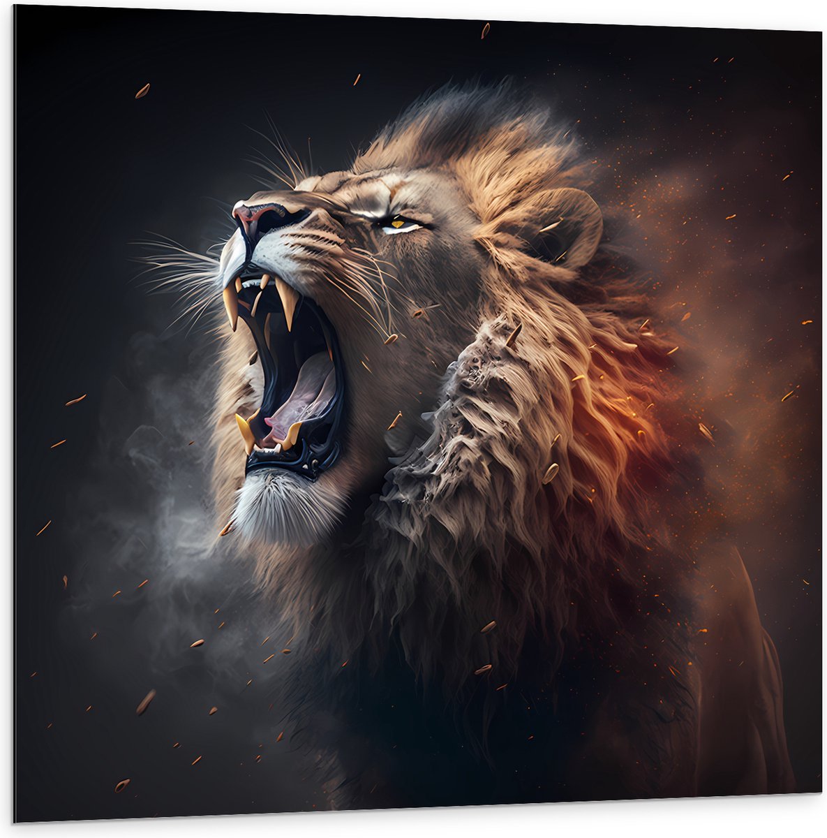 Dibond - Brullende Mannetjes Leeuw met Scherpe Tanden - 100x100 cm Foto op Aluminium... | bol