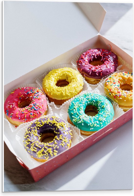 PVC Schuimplaat - Gekleurde Donuts met Spikkels in Roze Doos - 40x60 cm ...