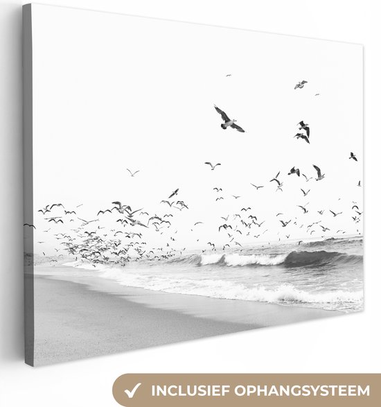 Canvas Schilderij Strand - Zee - Golven - Vogels - Natuur - 120x90 cm - Wanddecoratie | bol