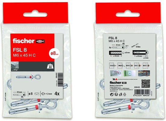 Studs Fischer fsl 8 98457 Haak M6 x 45 mm Staal (4 Stuks) | bol.com