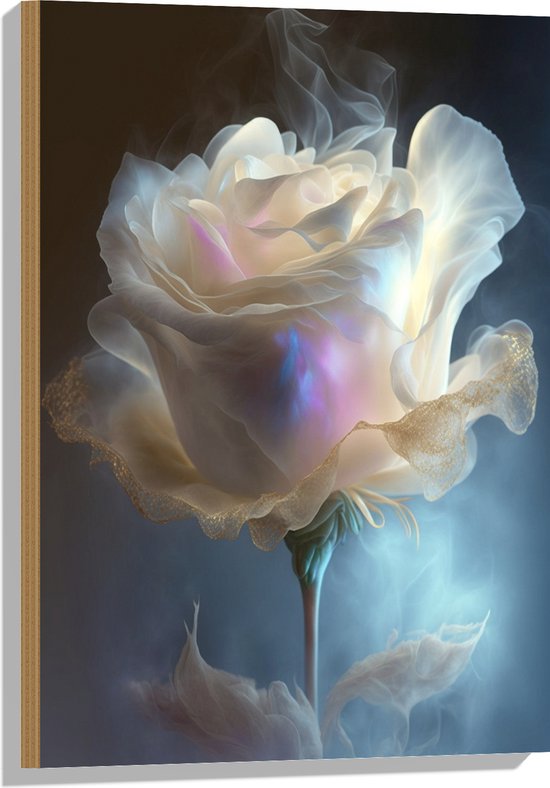 Hout - Rokende Witte Roos - 50x75 cm - 9 mm dik - Foto op Hout (Met Ophangsysteem) | bol