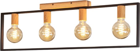 plafondlamp zwart, houtlook, natuurlijke kleuren, 4-lichtbronnen E27 ...