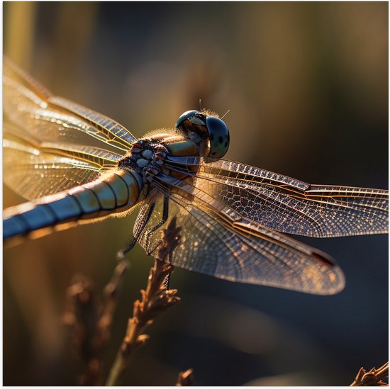 Poster (Mat) - Blauwe libel staat op bloem met gedetaileerde ...