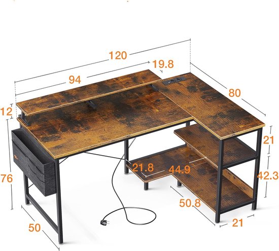 L-vormige Hoek Bureau Gaming Tafel met USB Oplaadpoort en Stopcontact ...