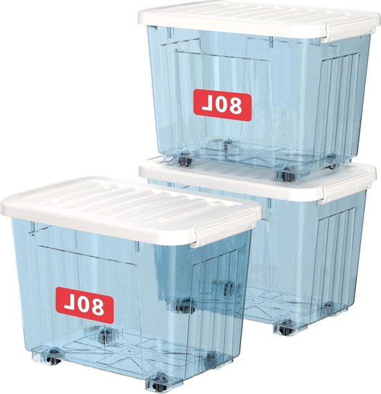80L x 3 opbergdozen met wielen - plastic opbergdoos met deksel ...