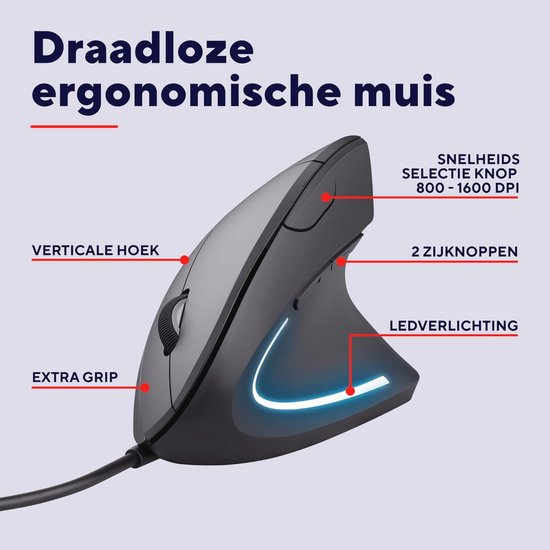 Ergonomische Verticale Muis met LED-verlichting - 1000-1600 DPI, 6 ...