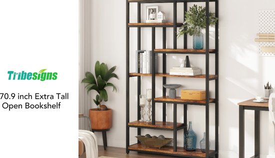 TRIBESIGNS - Boekenkast - Boekenrek met 7 Planken - Industrieel - met 10 Open... | bol