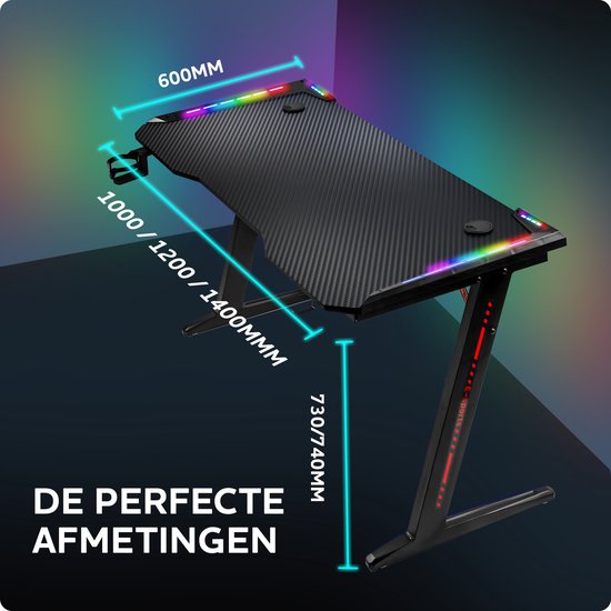 Unidesk Game Bureau met LED verlichting - 140x60x73 CM - Gaming Desk ...