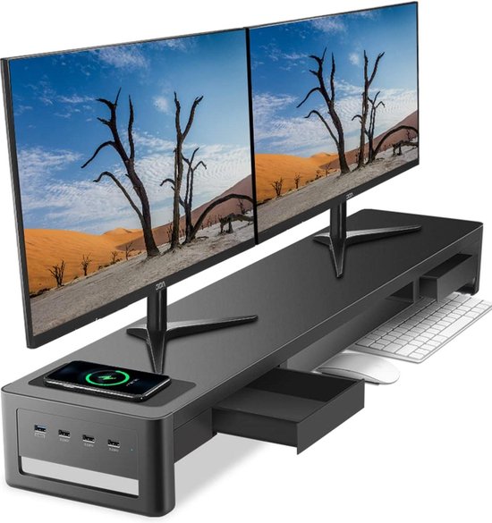 3-in-1 dual monitorstandaard met laden - Draadloze laadmodule - 4 USB ...