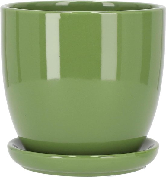 Keramische bloempot met lekbak 17 cm groen - modern design Bloempot | bol