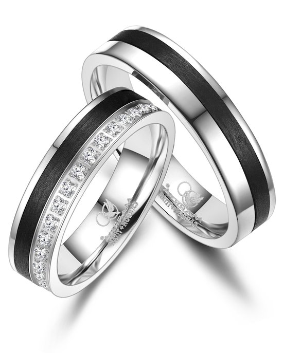 Jonline SET Trouwringen Design Titanium Zwart Carbon Zirkonia ...